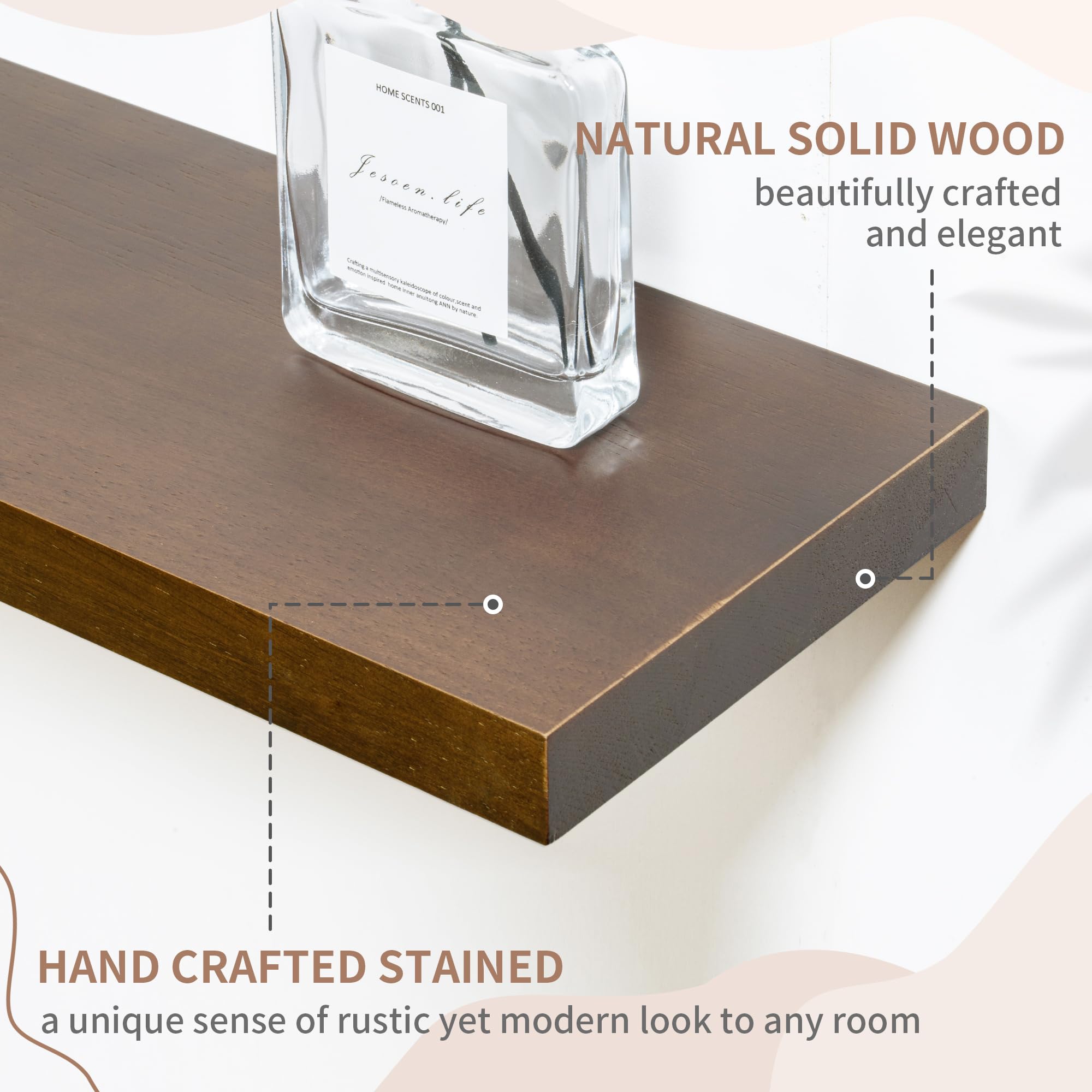 Fun Memories 48 Inch Floating Shelves Wall Mounted, Solid Hardwood Wall Shelves 48 in, Rustic Natural Wood Floating Shelf for Bathroom, Kitchen, Living Room, Mahogany Color