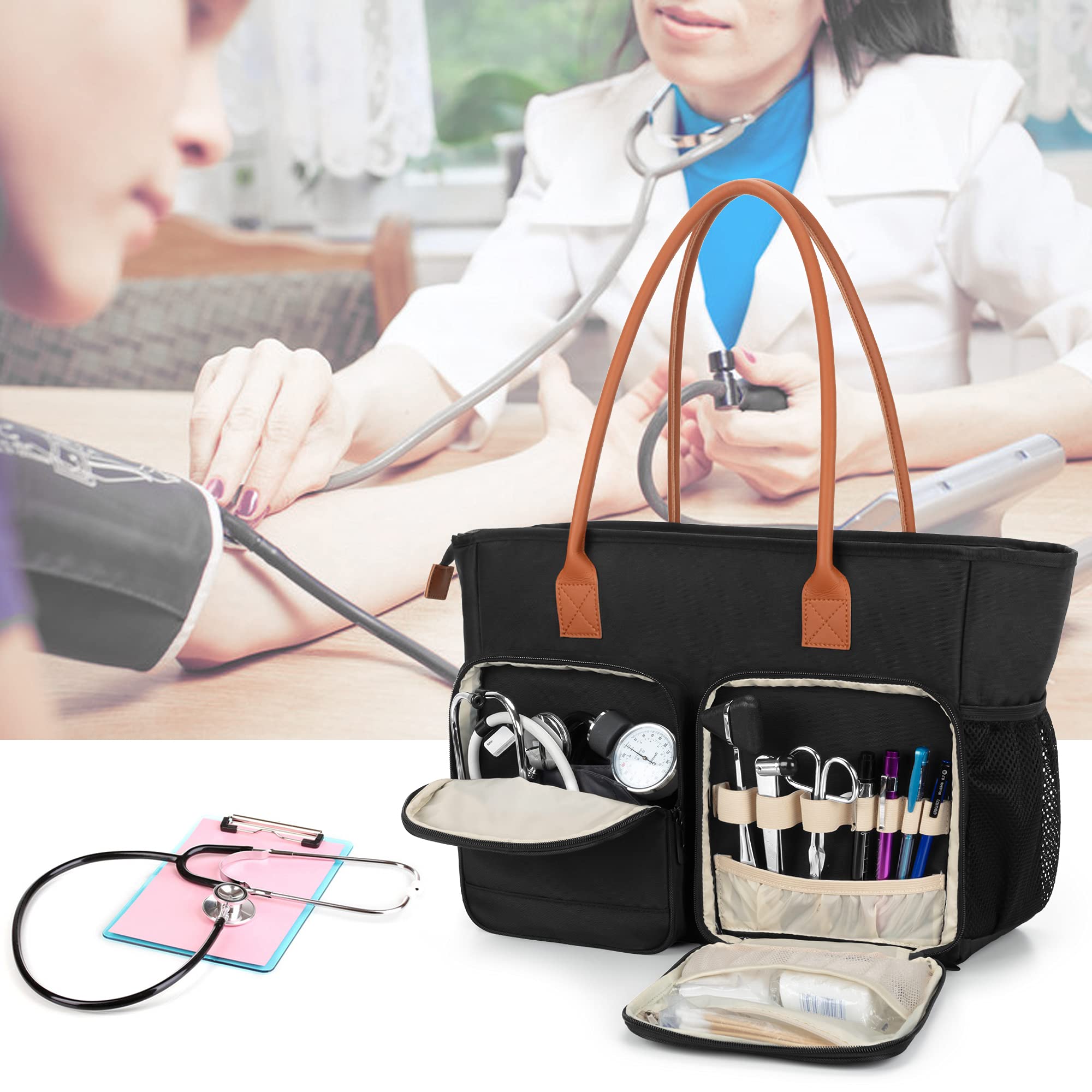 CURMIO Nurse Tote Bag, Portable Medical Bag with Padded Laptop Sleeve for Nursing Work, Home Visits, Health Service, Black (Bag Only)