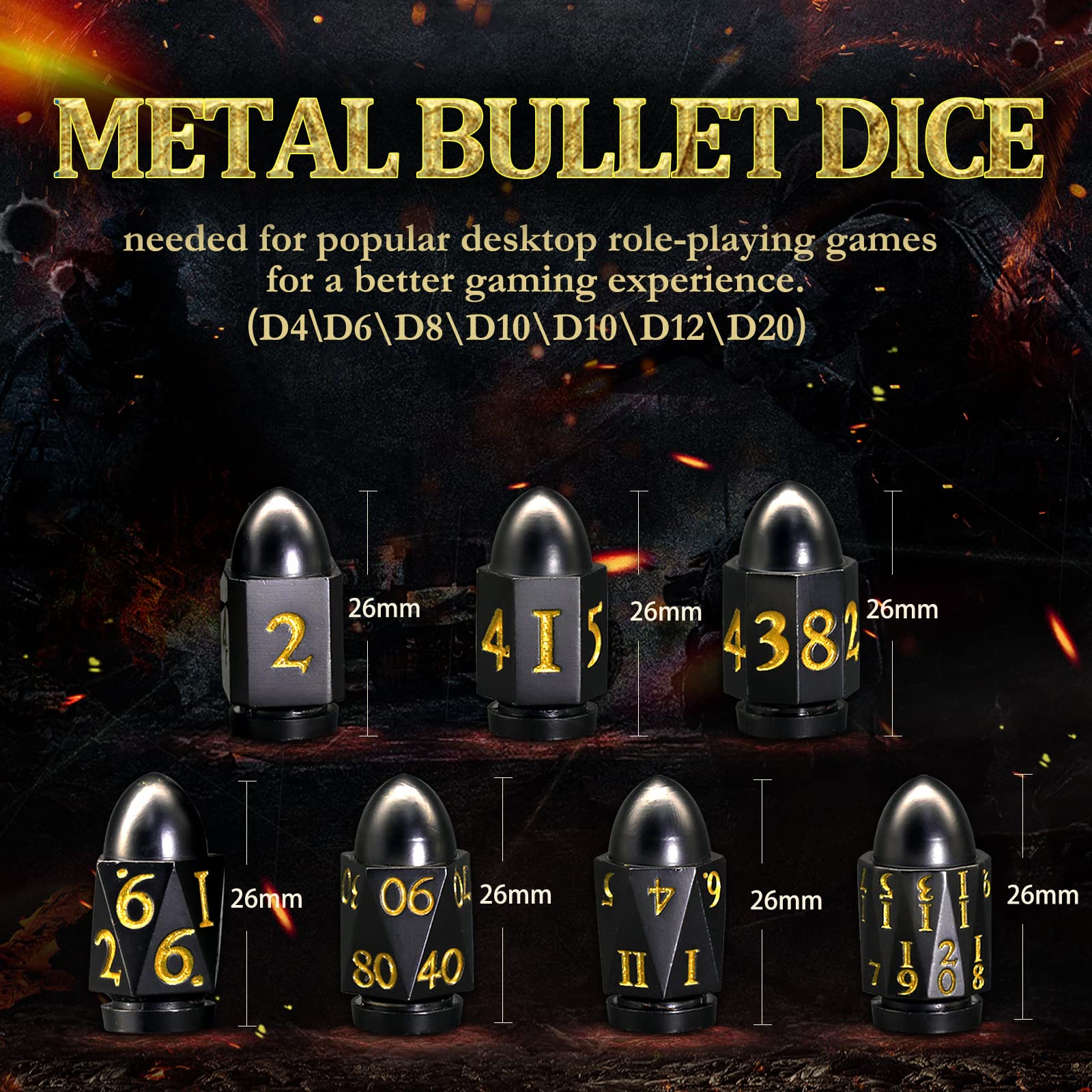 Bullet Dice Set Revolver, DND Dice Metal, ZHOORQI Gun Dice Set D and D Dice Gifts for Dungeons and Dragons, Pathfinder, Warhammer 40k, D&D, or Theme Tabletop Games(7Bullet-Black Gold)