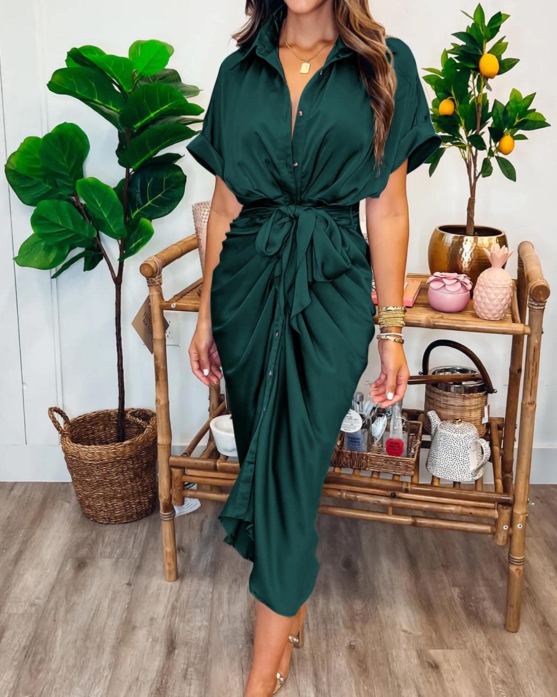 BTFBM Women 2024 Button Down Ruched Shirt Dresses Short Sleeve Lapel V Neck Elegant Party Spring Summer Maxi Satin Dress(Short Sleeve Dark Green, Large)