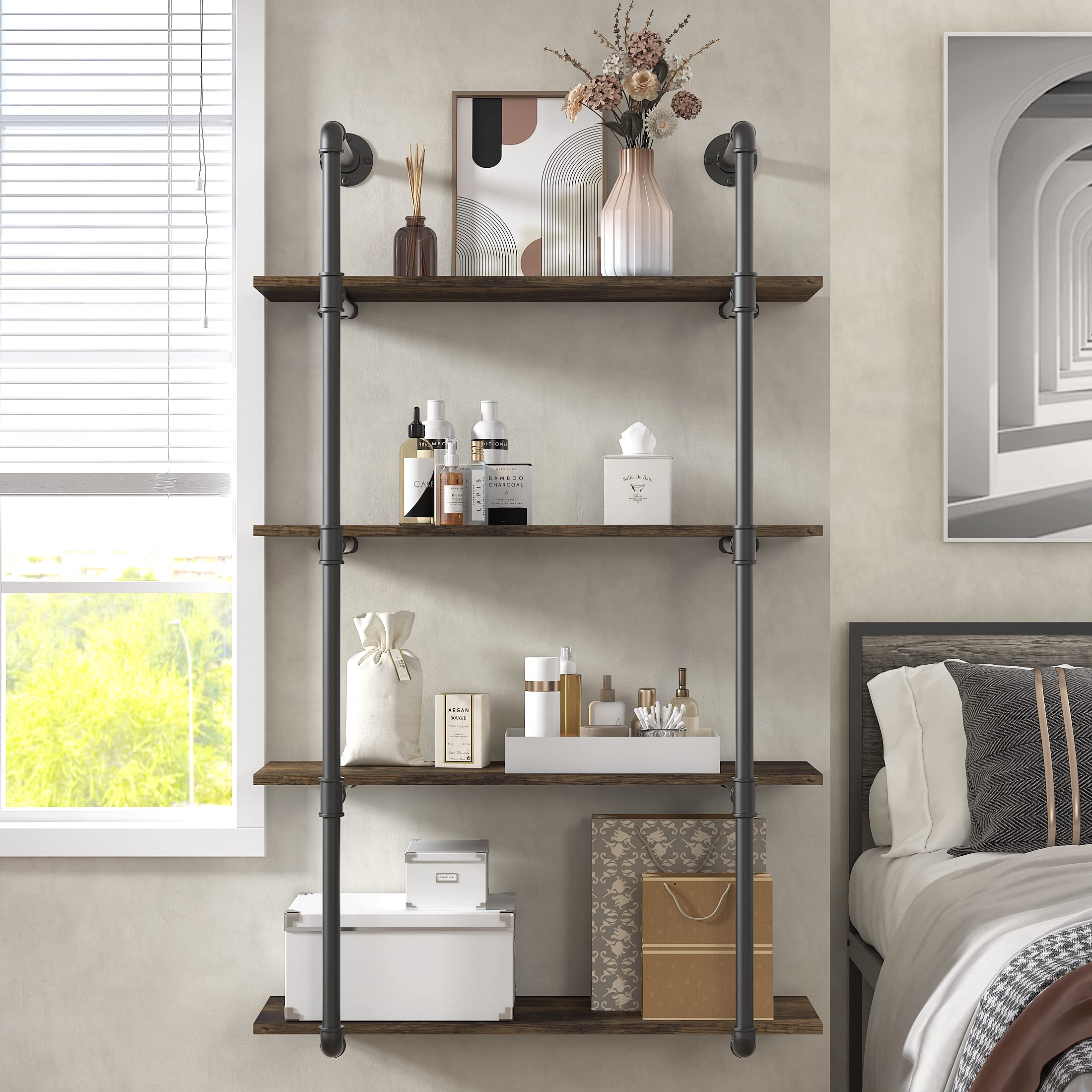 Gezen Industrial Pipe Shelving 31.5in Floating Bookshelf,Wall Mounted Shelves Rustic Floating Shelves, Wall Storage Book Shelves for Living Room, Bedroom, Kitchen (Brown, 2 Tier)