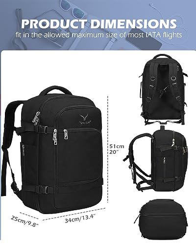 Hynes Eagle Travel Backpack 40L Flight Approved Carry on Backpack Men Large Cabin Weekender Laptop Backpack Women 15.6 inches Black with 3PCS Packing Cubes Set Black