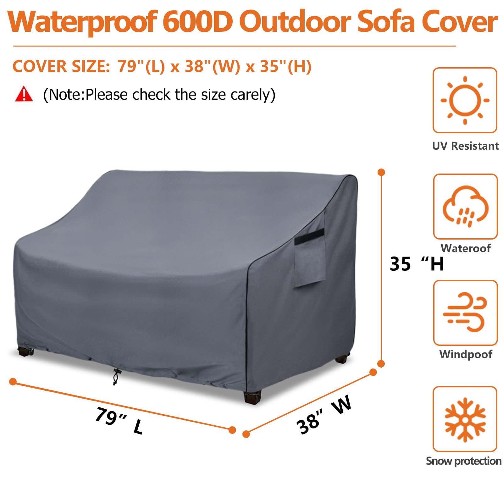 Dalema Outdoor 3-Seater Loveseat Cover,600D Heavy Duty 100% Waterproof Patio Sofa Cover,Furniture Covers for Sofa and Loveseat,79W x 38.5D x 35H Inches,Grey.