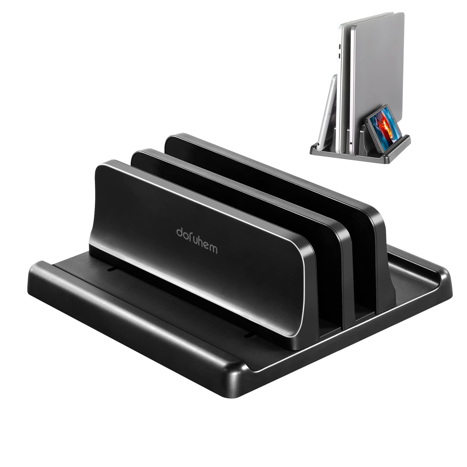 Dofuhem Dual-Slot Vertical Laptop Stand Holder Adjustable ABS Plastic Double Desktop Notebook Dock,Space-Saving for All MacBook/Surface/Samsung/HP/Dell/Chrome Book,Black