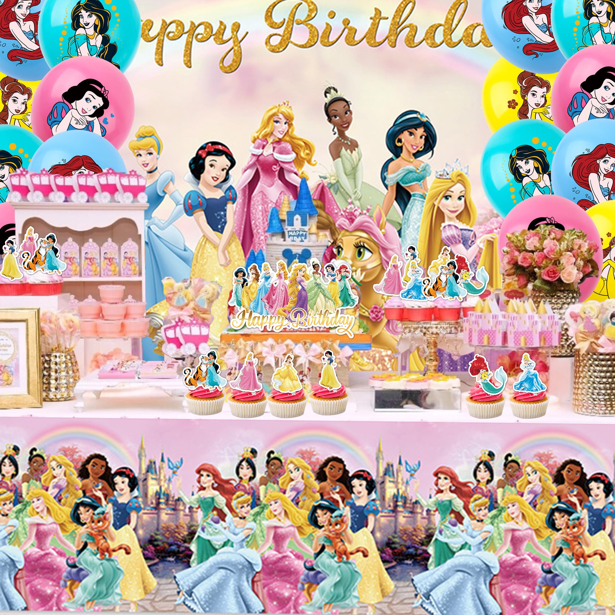 BOSMAT Princess Birthday Decorations, Princess Party Supplies Includes Balloons, Happy Birthday Banner, Cake&Cupcake Topper, Plates, Napkins, Cup, Tablecloth , Foil Balloon and Backdrop