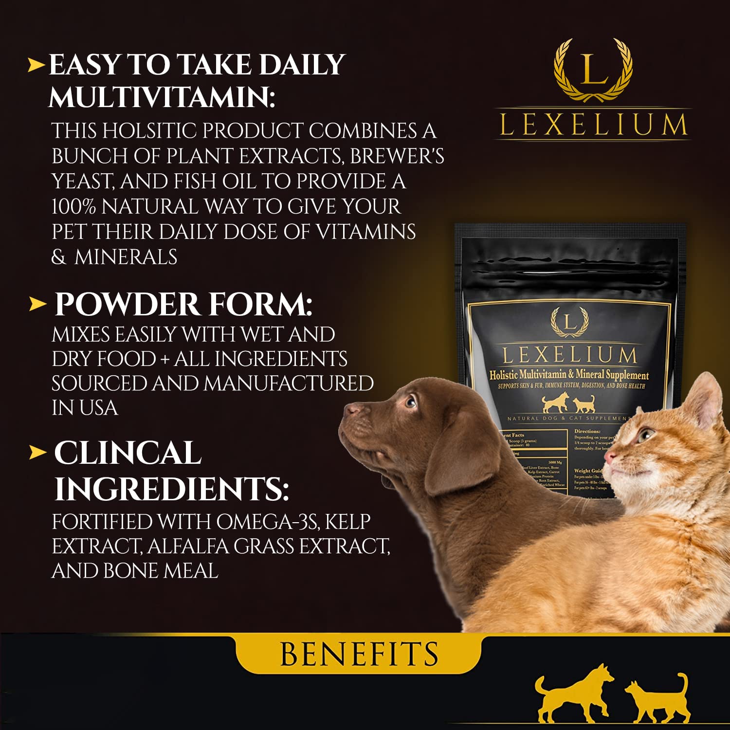 Holistic Multivitamin Supplement for Dogs and Cats - Complete 12-in-1 Plant-Based Vitamins & Minerals for Skin, Coat, Digestion, Bones, and Immunity - Omega-3 Fish Oil, Vitamin Mineral Complex - 200G
