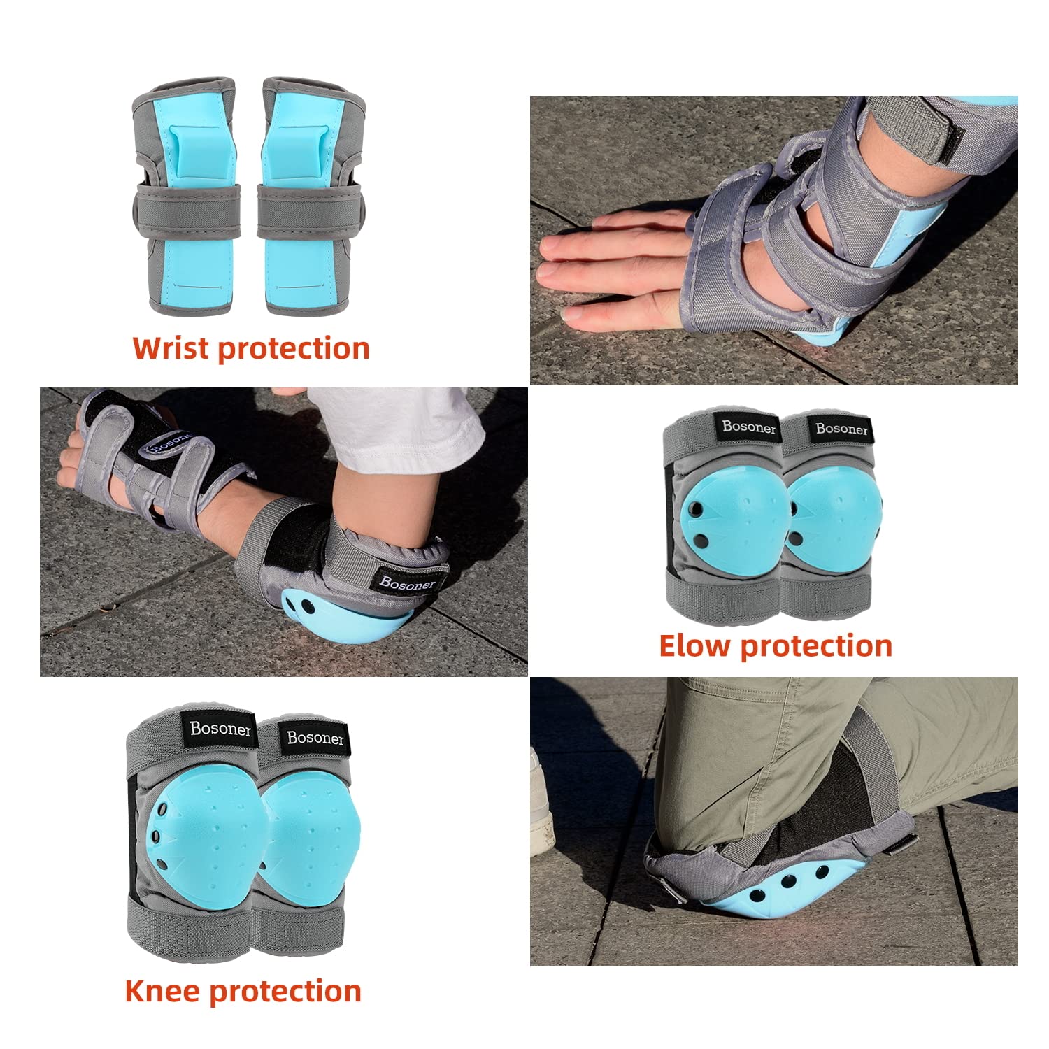 BOSONER Roller and Skating Pads for Kids-Youth-Adults: Knee Pads and Elbow Pads and Wrist Guards Set - Medium Size for Age 9-15