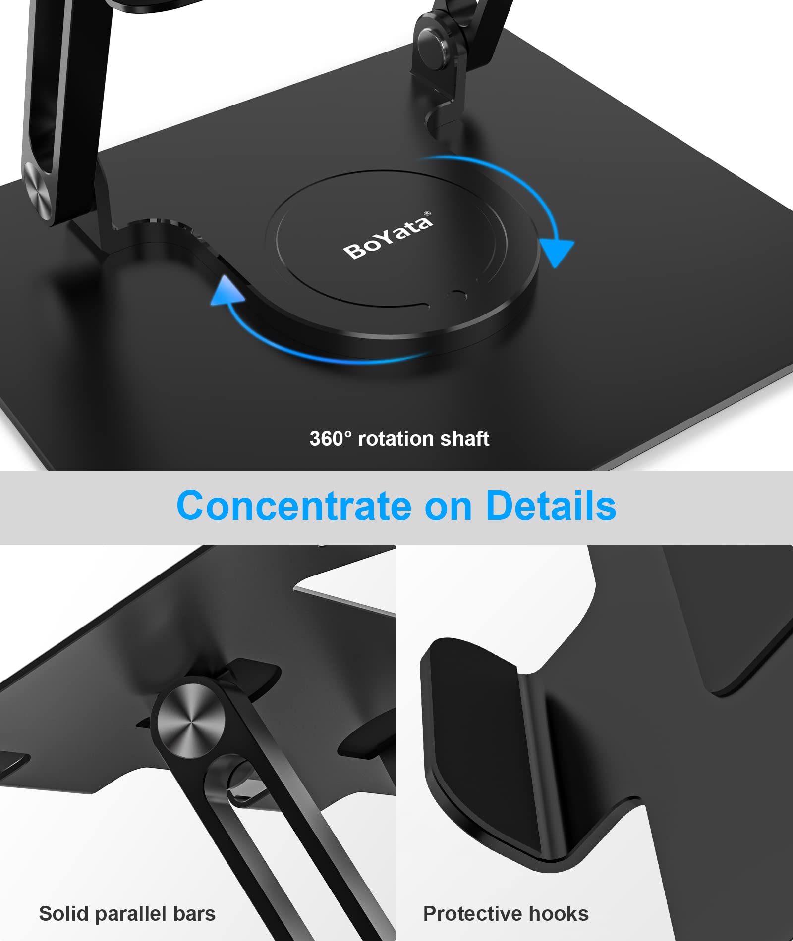 BoYata Laptop Stand for Desk, Adjustable Computer Stand with 360° Rotating Base, Ergonomic Foldable Laptop Riser Holder Compatible with All MacBook Pro/Air, Notebook up to 17"-Black