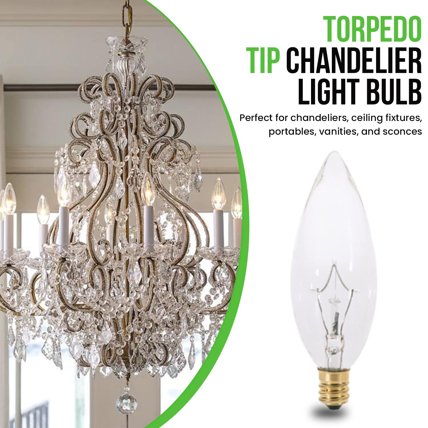 BULBMASTER Blunt Tip Decorative Candle Light Bulbs CTC Chandelier Bulbs Torpedo Tip Incandescent Light Bulbs, E12 Candelabra Light Bulb Base, Soft White, Pack of 12 (25W-TORPEDO-12PK)