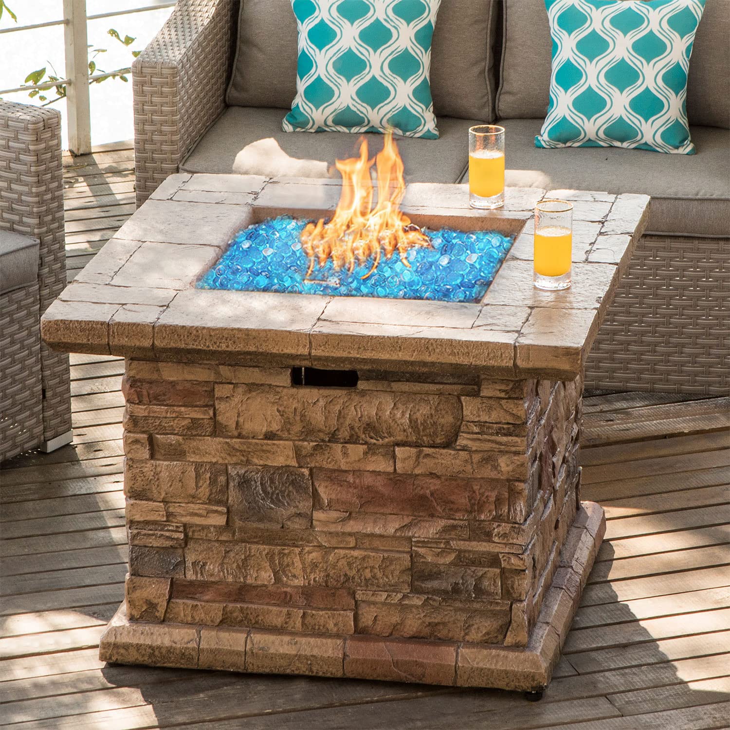 COSIEST Outdoor Propane Fire Pit Table w Faux Brown Ledgestone 32-inch Square Fire Table, 50,000 BTU Stainless Steel Burner, Aqua Blue Fire Glass, Fits 20lb Tank Inside