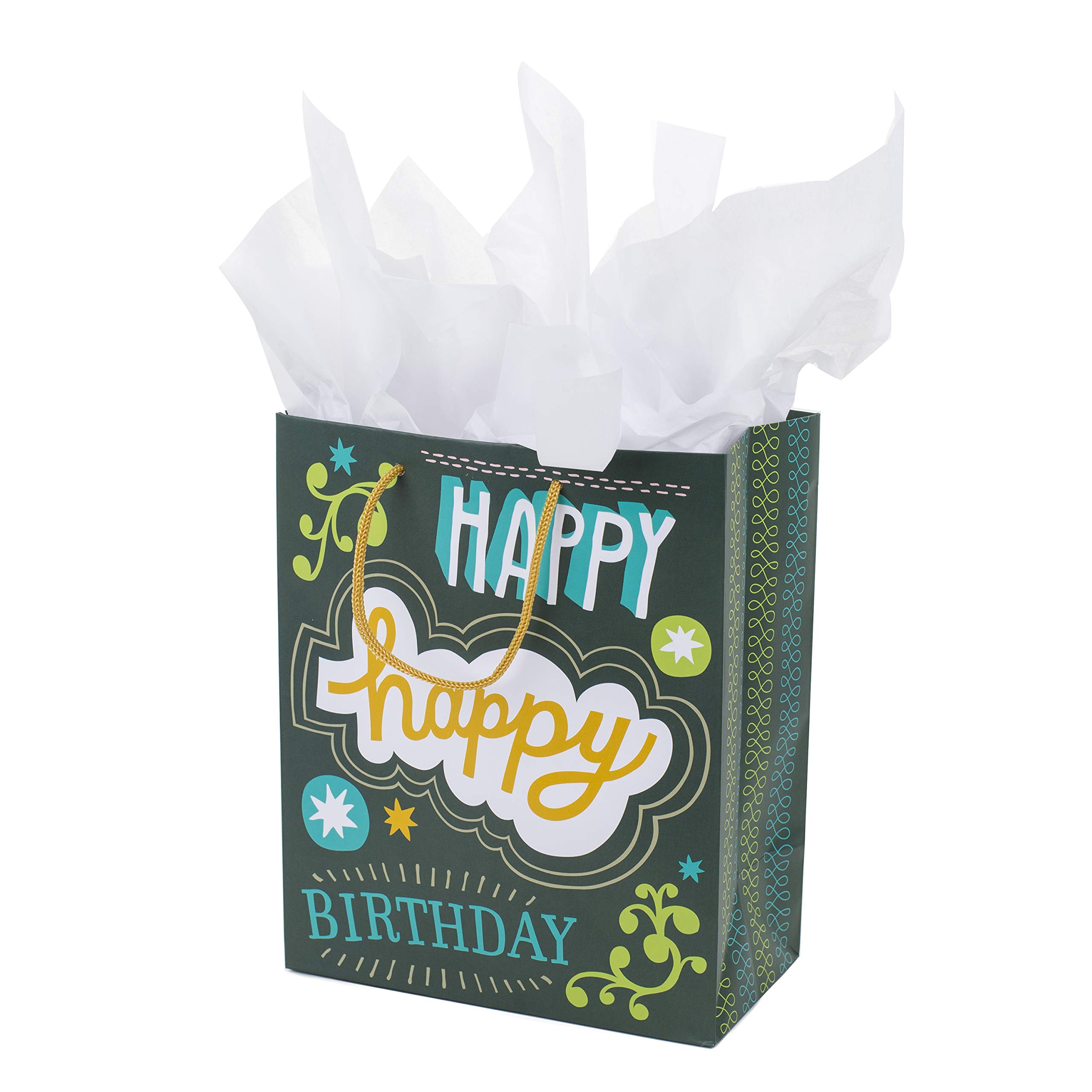 Hallmark 9" Medium Birthday Gift Bag with Tissue Paper and Mini Signs (Happy Happy Birthday, Green, Grey, Blue Hand lettering)