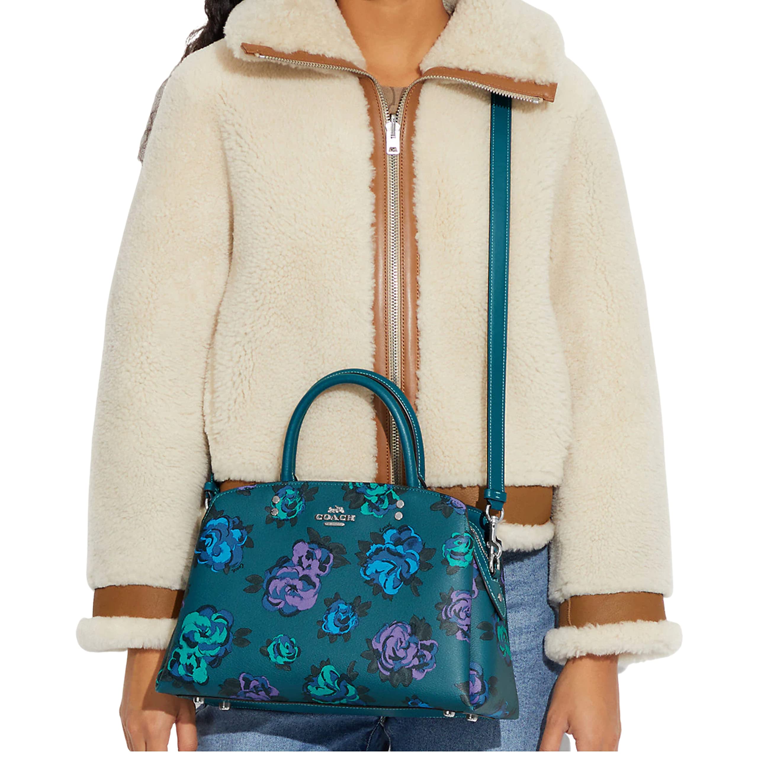 COACH Women's Lillie Carryall Top Handle Satchel Bag (Printed Coated Canvas - Jumbo Floral Print - Deep Turquoise Multi)