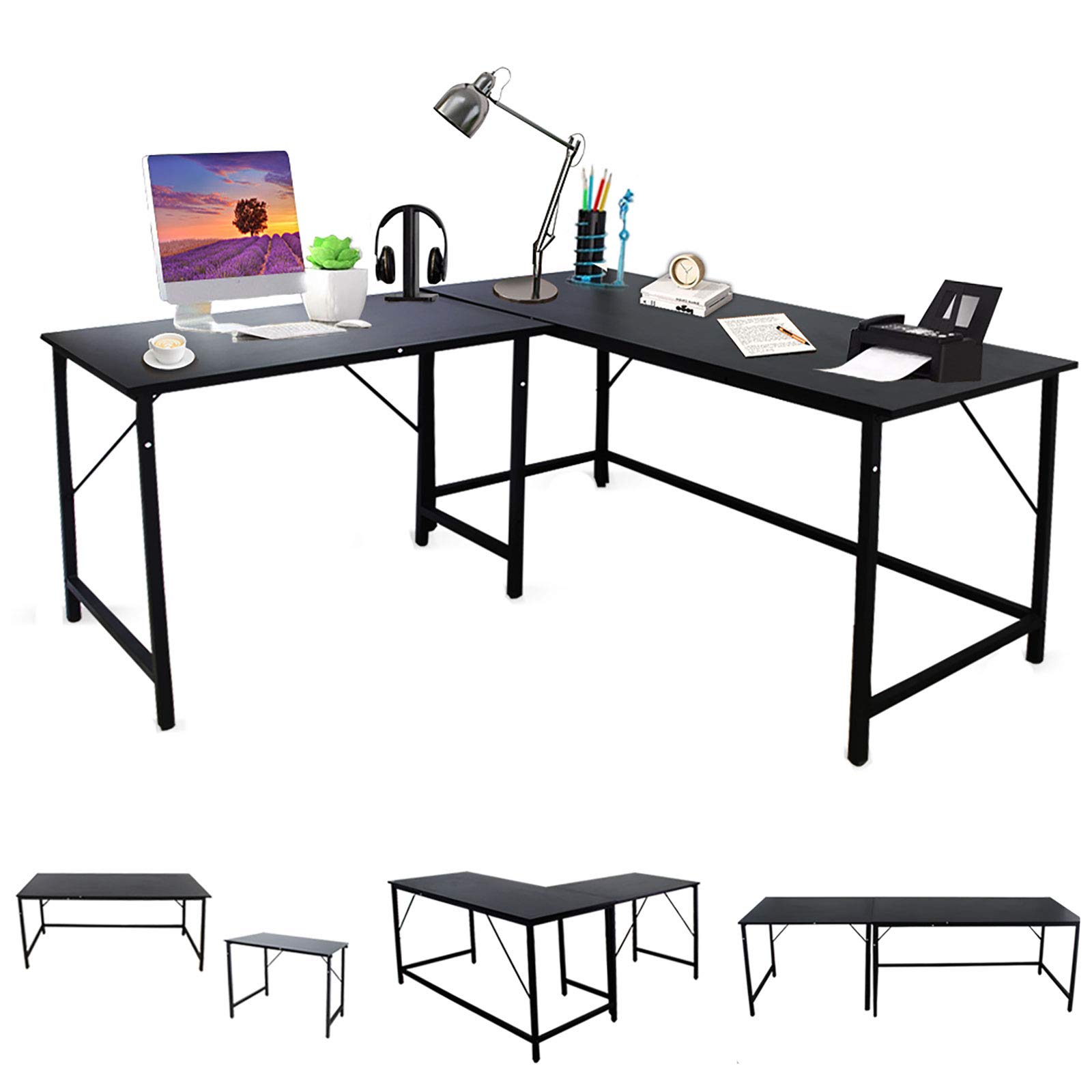 Bizzoelife L Shaped Large Corner Desk, 94.5" Large 2 Person Reversible Corner Table, Adjustable Long Desk or Two Gaming Computer Desks, Student Tables Writing Workstation for Home Office PC, Black