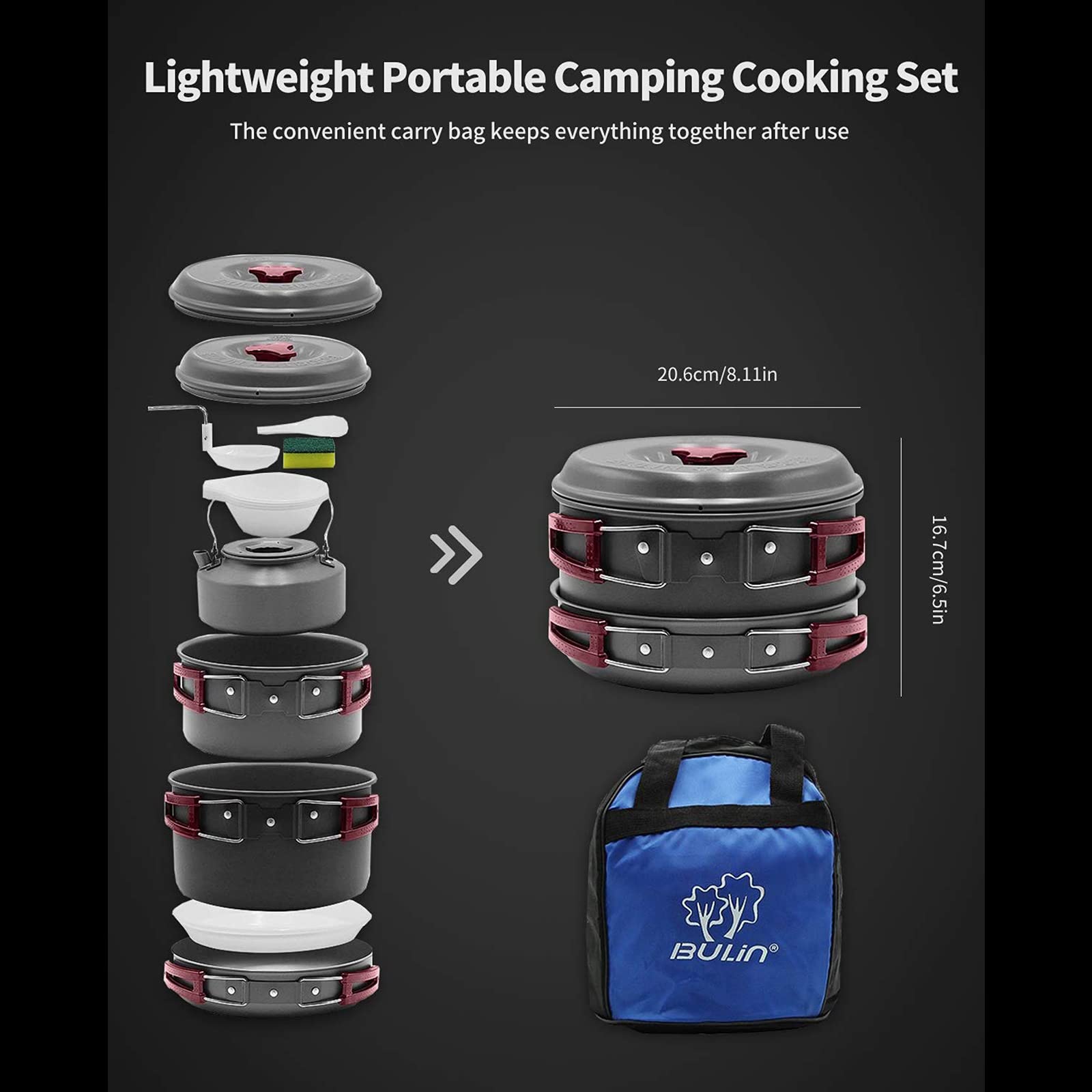 Bulin 13Pcs Camping Cookware Mess Kit, Nonstick Backpacking Cooking Set, Outdoor Cook Gear for Family Hiking, Picnic Lightweight Cookware Sets(Kettle, Pots, Frying Pan, BPA-Free Bowls, Plates, Spoon)