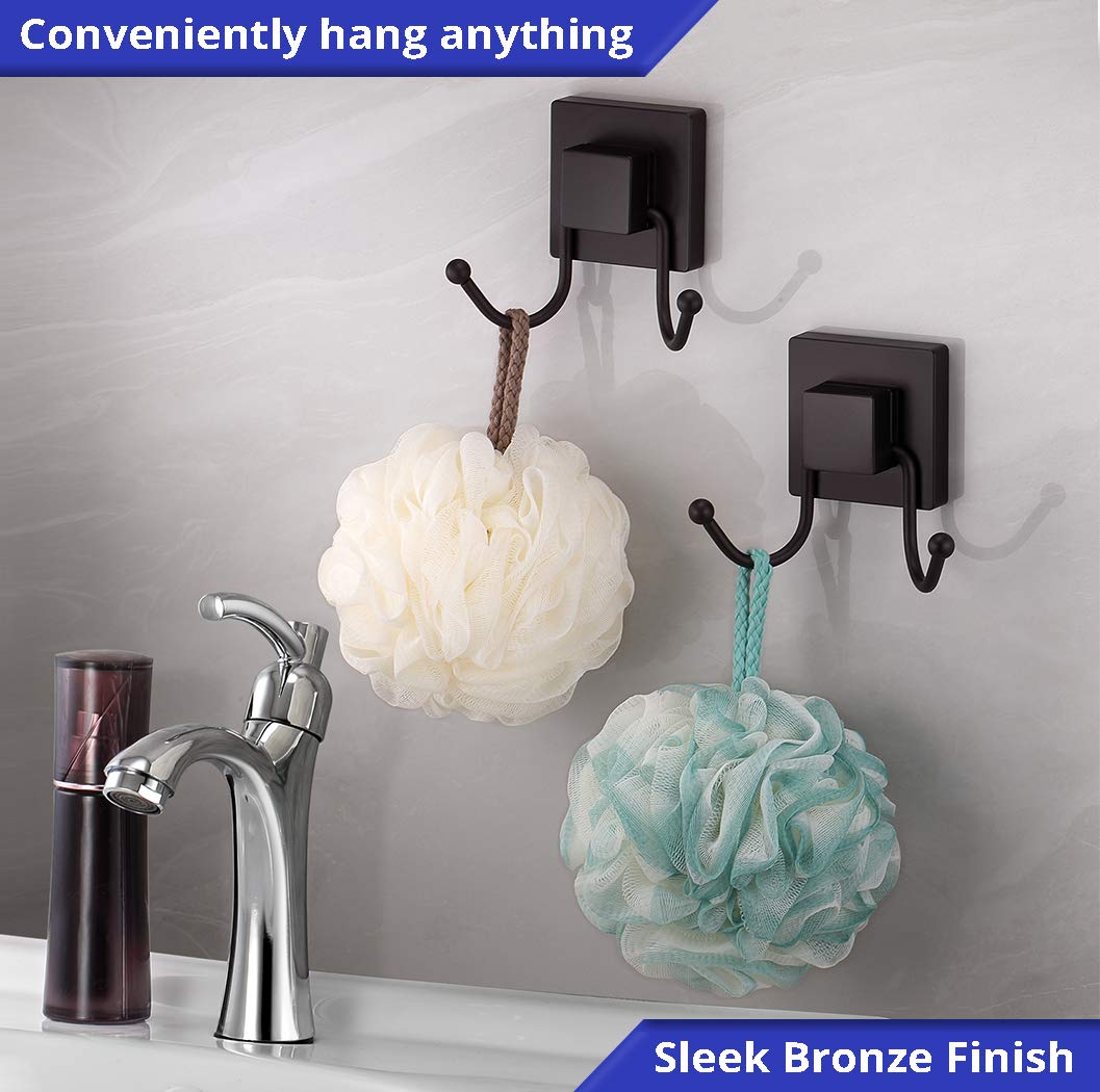 HOME SO Suction Cup Hooks for Shower, Bathroom, Kitchen, Glass Door, Mirror, Tile – Loofah, Towel, Bath Robe Removable Hook Holder – Prisma Collection, Stainless Steel Bronze (2-Pack)…
