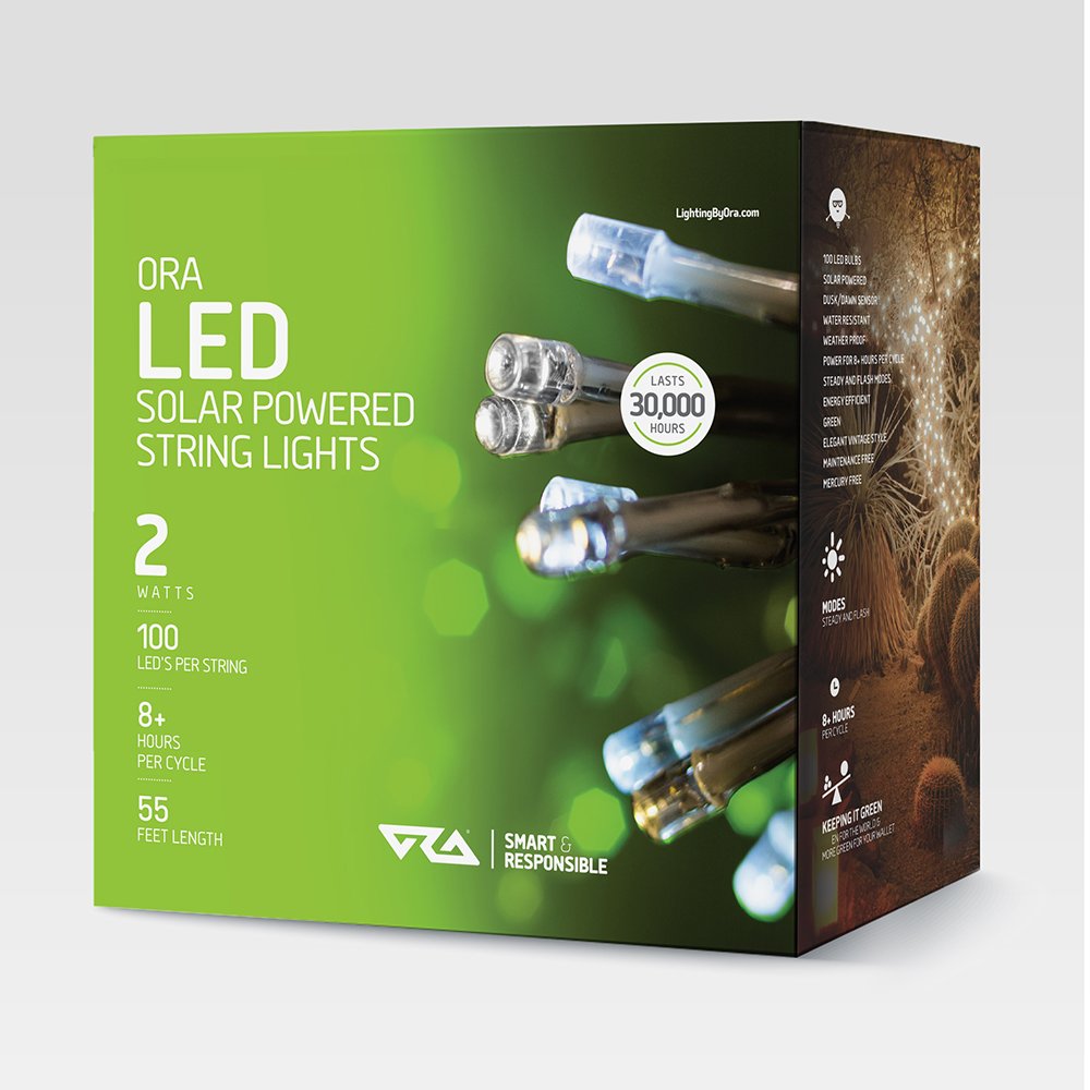 ORA LED Solar Powered String Lights, 100 LED’s, 55 ft, Waterproof, Dusk/Dawn Sensor, Perfect for Holiday, Christmas, Indoors, Outdoors, Home, Garden, Lawn, Patio, Decorative Landscape