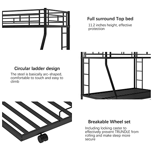 Merax Twin Over Full Triple Bunk Bed with Trundle:Triple Bunk Beds, Sturdy Steel Bunk Beds Frame for 3 Kids/Teens with Two Side Ladders and Safety Guard Rail,Black