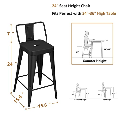 WENTMENT Metal Bar Stools Set of 4 Counter Height Bar Stools Barstools with Removable Back 24" Kitchen Bar Stools, Black