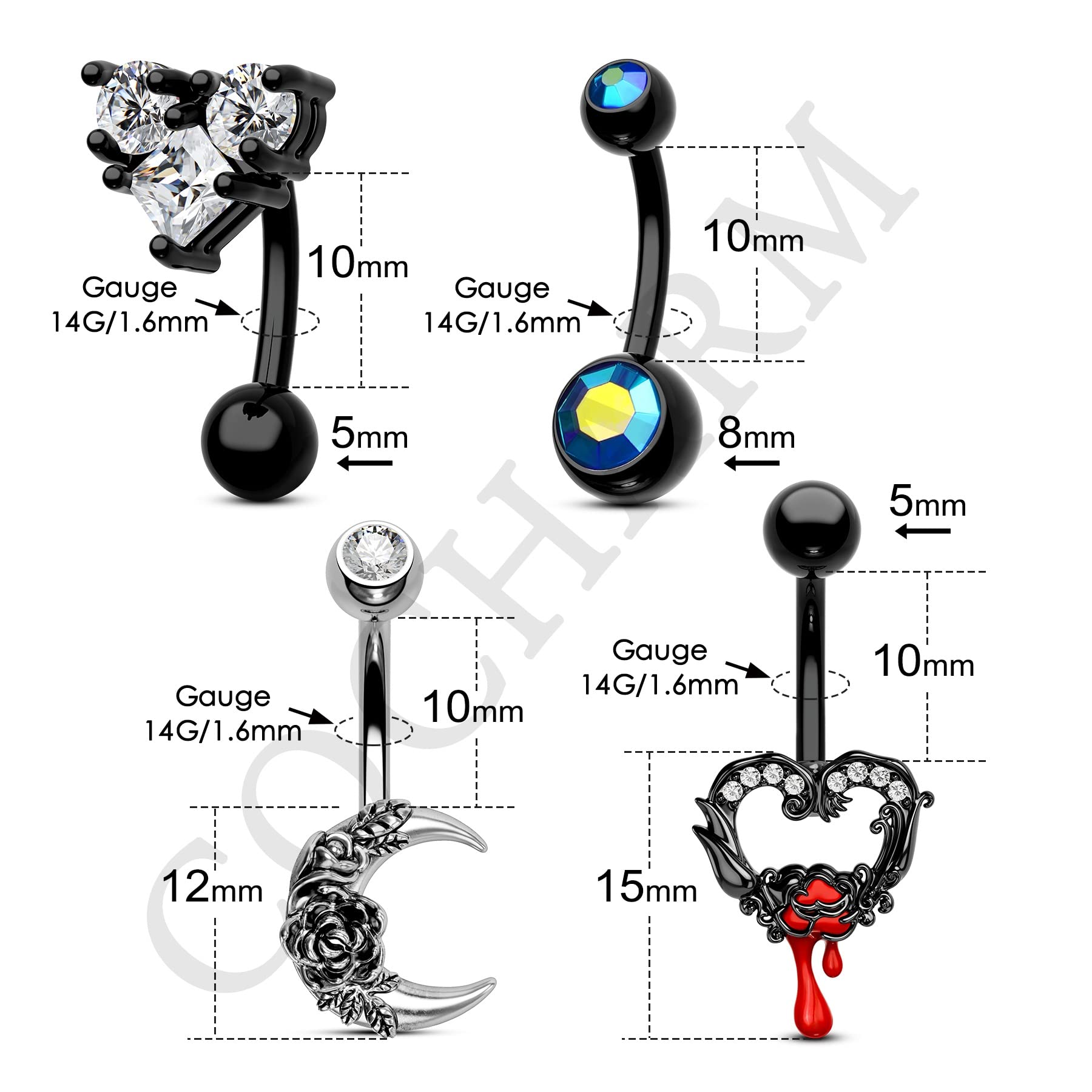 COCHARM 4PCS Moon Halloween Belly Button Rings Packs 14g Black Belly Button Ring Red Heart Belly Navel Rings for Women Men