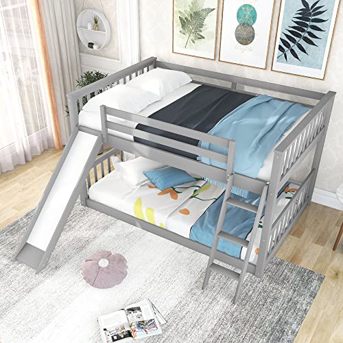 GLORHOME Full Over-Full Wood Bunk Bed with with Convertible Slide and Ladder, Solid Slat Support Bedframe for Kids Teens Bedroom, No Box Spring Needed, Grey