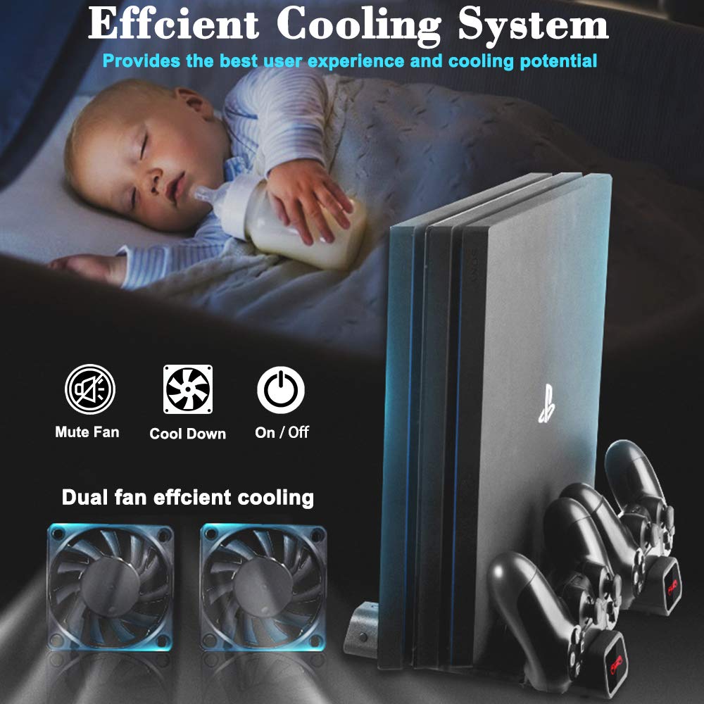 Megadream Cooling Fan Stand for PS4, Dual Controller Charge Station for PS4 Slim/PS4 Pro/Playstation 4, Multifunctional Vertical Cooling Stand with LED Indicator, 10PCS Games Storage, 4 Usb Connectors
