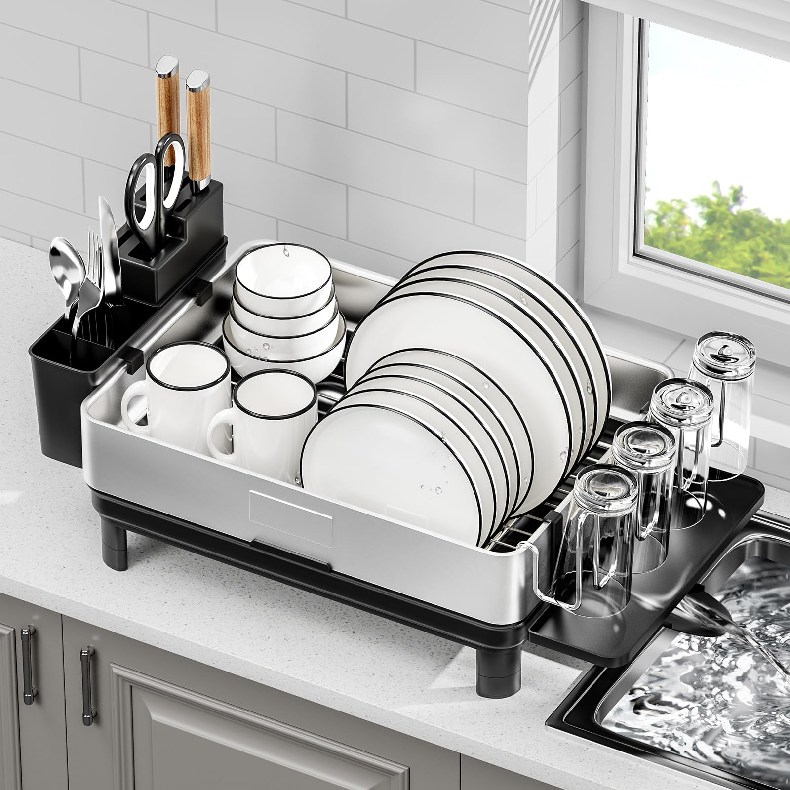 SanDream Dish Drying Rack, Stainless Steel Dish Rack for Kitchen Counter, Dish Drainer for with 360° Rotatable Drain Spout & Utensil Holder, Saving-Space Kitchen Organizer with Cups Holder, Black