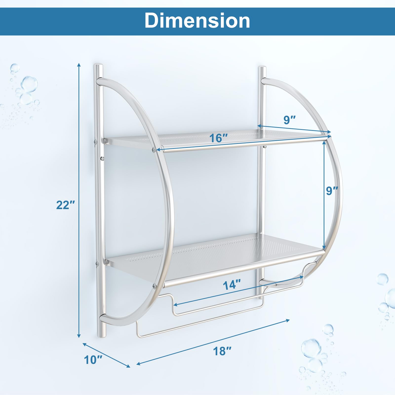 Giantex Bathroom Shelf with Towel Rack - 2 Tier Rustproof Over The Toilet Storage Shelf with Double Towel Bars, 18" W X 10" D X 22" H, Wall Mount Chrome Towel Holder for Living Room, Kitchen (Silver)