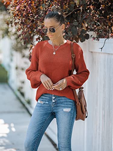 MEROKEETY Women's 2023 Casual Fall Waffle Knit Sweater Long Balloon Sleeve Loose Pullover Jumper, Rust, M
