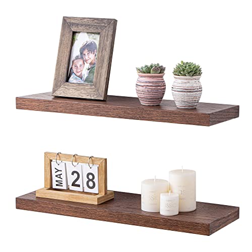 Floating Shelves, 8 Inch Deep Rustic Natural Oak Wall Shelves for Storage, Wall Mounted Wooden Display Shelving for Bedroom, Living Room, 24'' x 8'' Shelves, Dark Oak Color, Set of 2