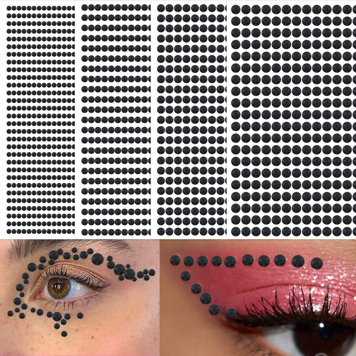 Black Rhinestone Stickers 3D Self Adhesive Face Gems Stick on Body Eye Bling Jewels Decal Crystal Hair Diamonds for Makeup Rave Accessories Embellishments for Crafts for Women and Girls 4PCS