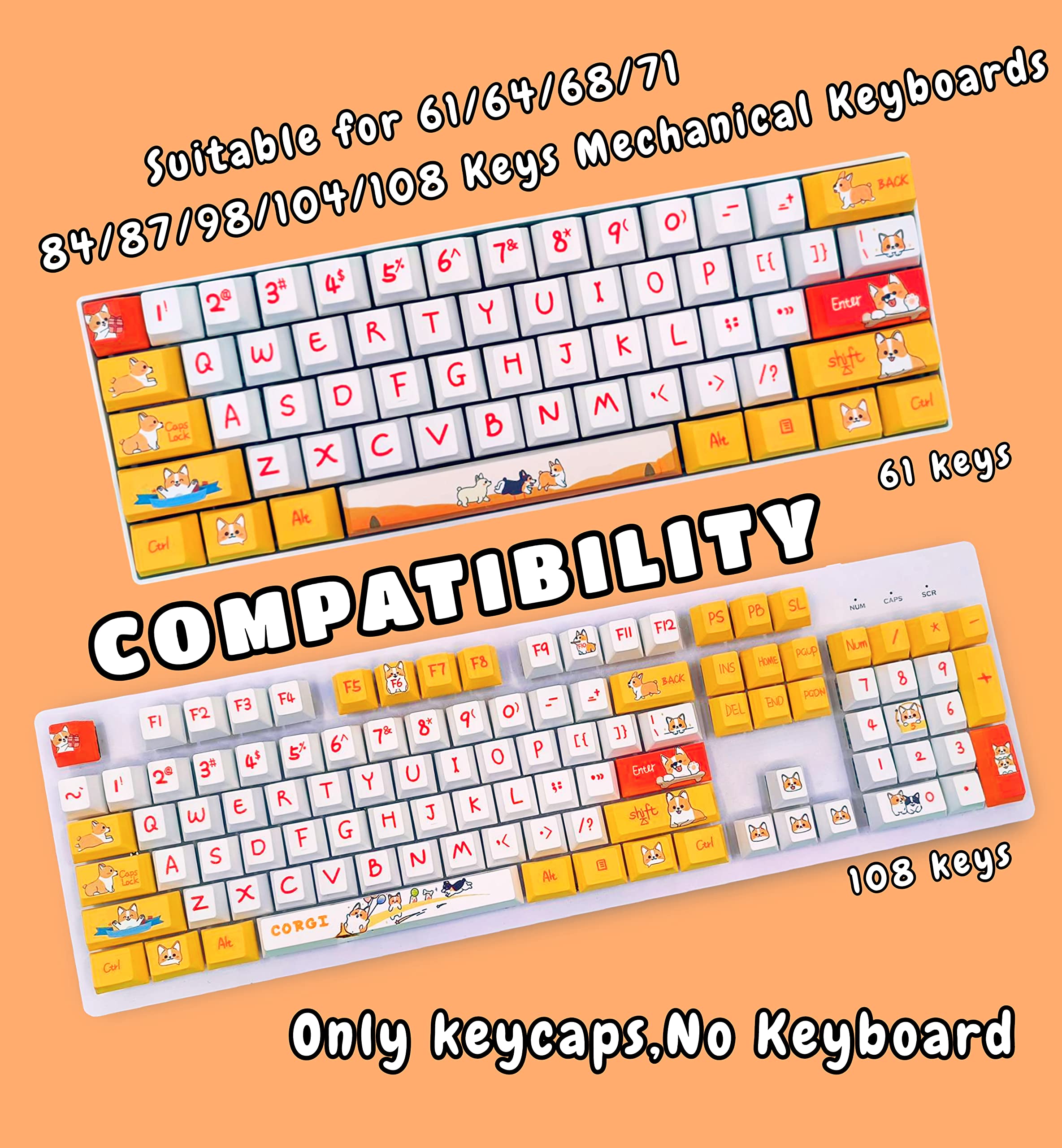 Corgi Dog Keycaps for Cherry MX Switches Cute Pets Mechanical Gaming Keyboard, PBT Key Caps Set(English Version)
