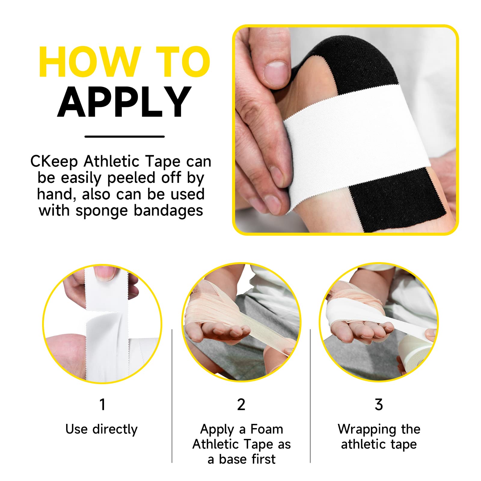 CKeep Athletic Tape, 45ft Per Roll, Easy to Tear and No Residue, Sport Tape for Strains and Sprains, Hypoallergenic and Breathable (2 White)