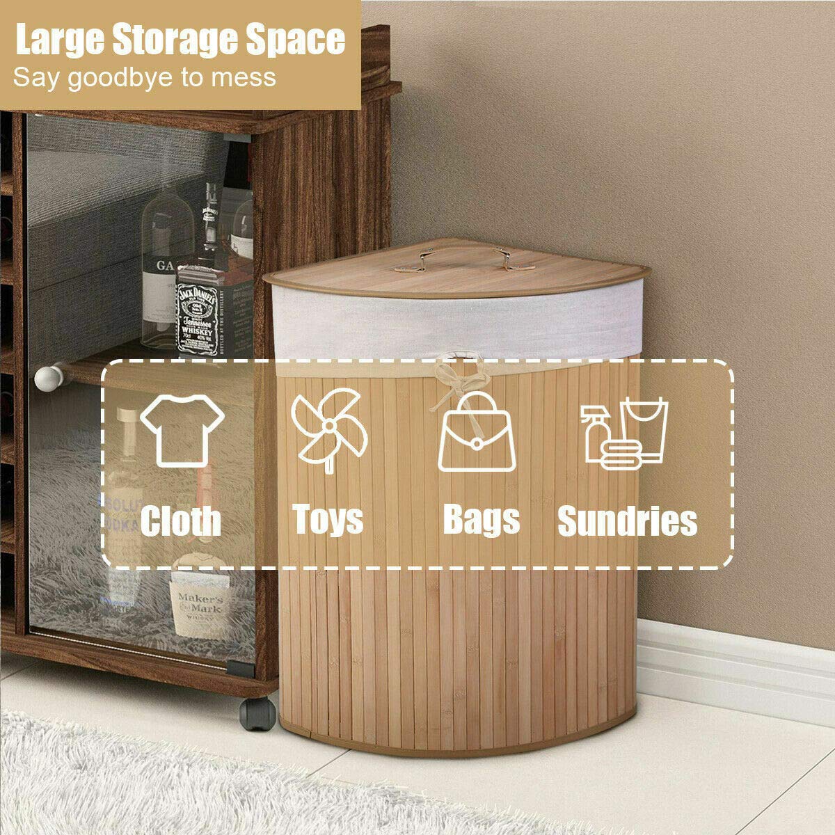 Giantex Corner Laundry Hamper with Lid, Bamboo Laundry Basket with Removable Liner and Handle, Clothes Basket for Cloth Organize, Clothes Storage Bin for Bedroom, Laundry, Living Room (Beige)