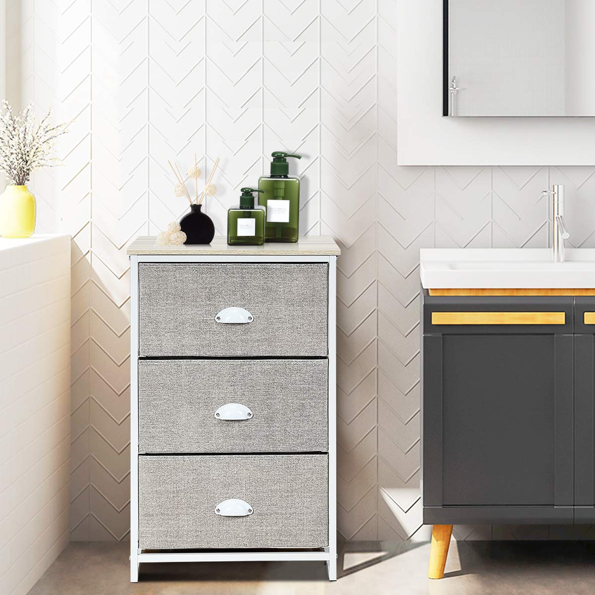 Giantex Dresser Storage Tower Nightstand W/Fabric Drawers, Sturdy Steel Frame and Wood Top Organizer Unit for Bedroom, Living Room, Entryway,Closets End Table Storage Unit (29ββ(H), White)