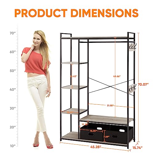 FreeStanding Clothing Rack Heavy Duty Closet Organizer with Shelves, 2 Fabric Drawers and 6 Hooks Clothes Wardrobe Closet Storage Rack,GREY