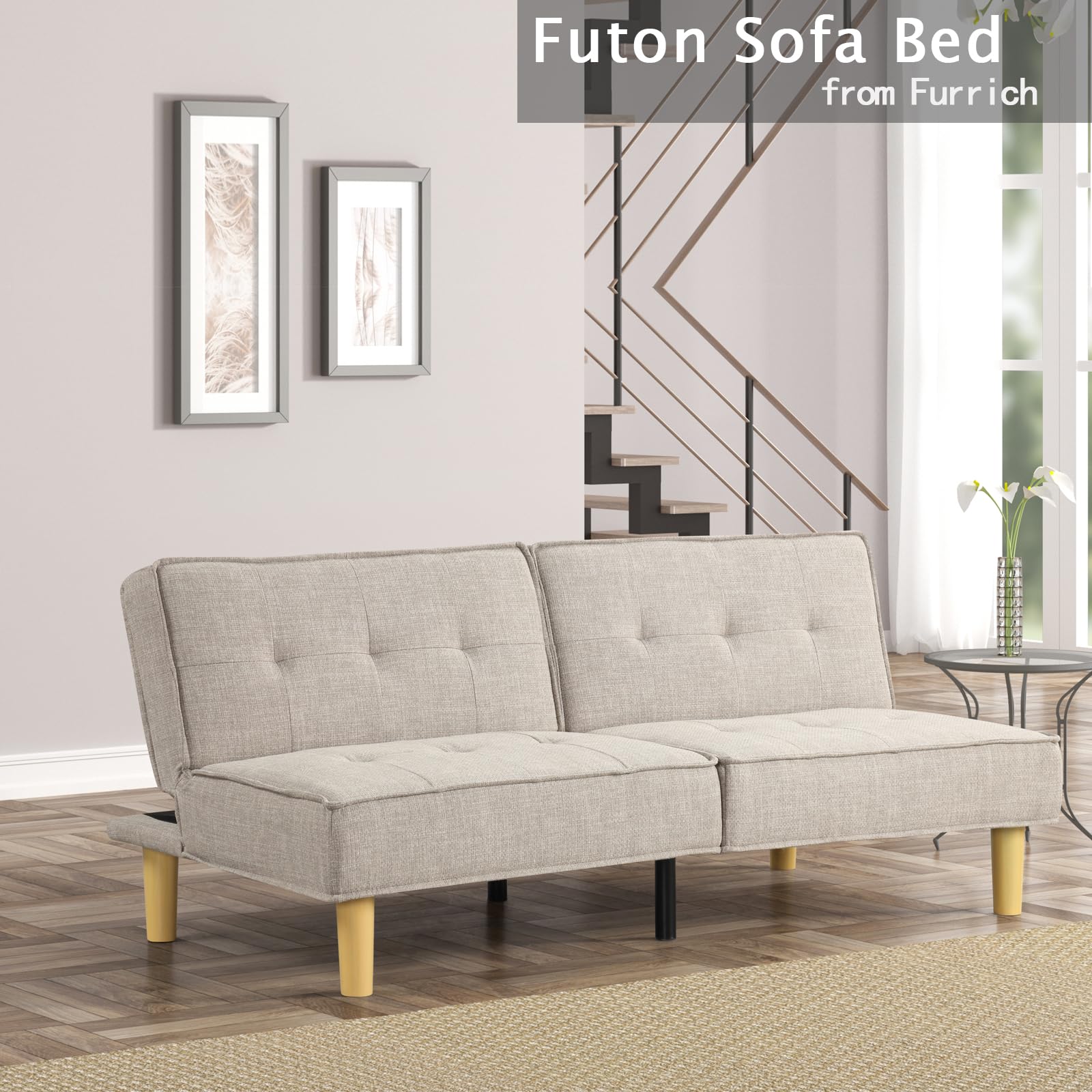 Furrich Convertible Futon Sofa Bed, Loveseat Foldable Futon Couch Adjustable Backrest, Small Futon Couch for Living Room, Small Space, Apartment, Beige Fabric 307BG
