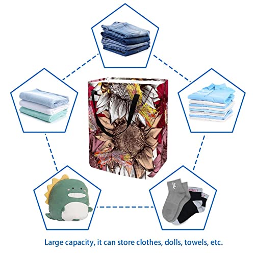 Dragonflies and Bee on Sunflower Print Collapsible Laundry Hamper, 60L Waterproof Laundry Baskets Washing Bin Clothes Toys Storage for Dorm Bathroom Bedroom