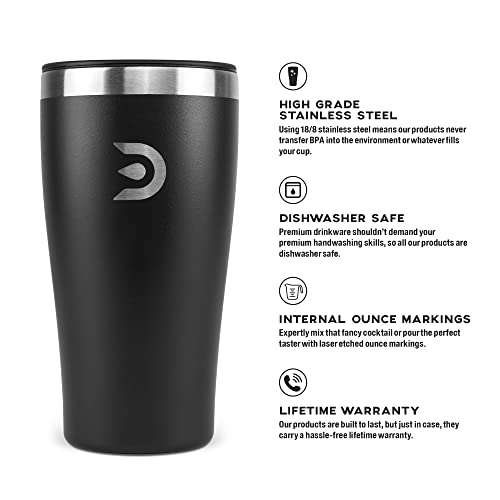 DrinkTanksĀ® Insulated Craft Pint Cup 2-Pack - Two 16 oz Vacuum Insulated Stainless Steel Mugs with Lids; Hot/Cold perfect for coffee, tea, beer, cocktails, wine; Dishwasher Safe (Obsidian)