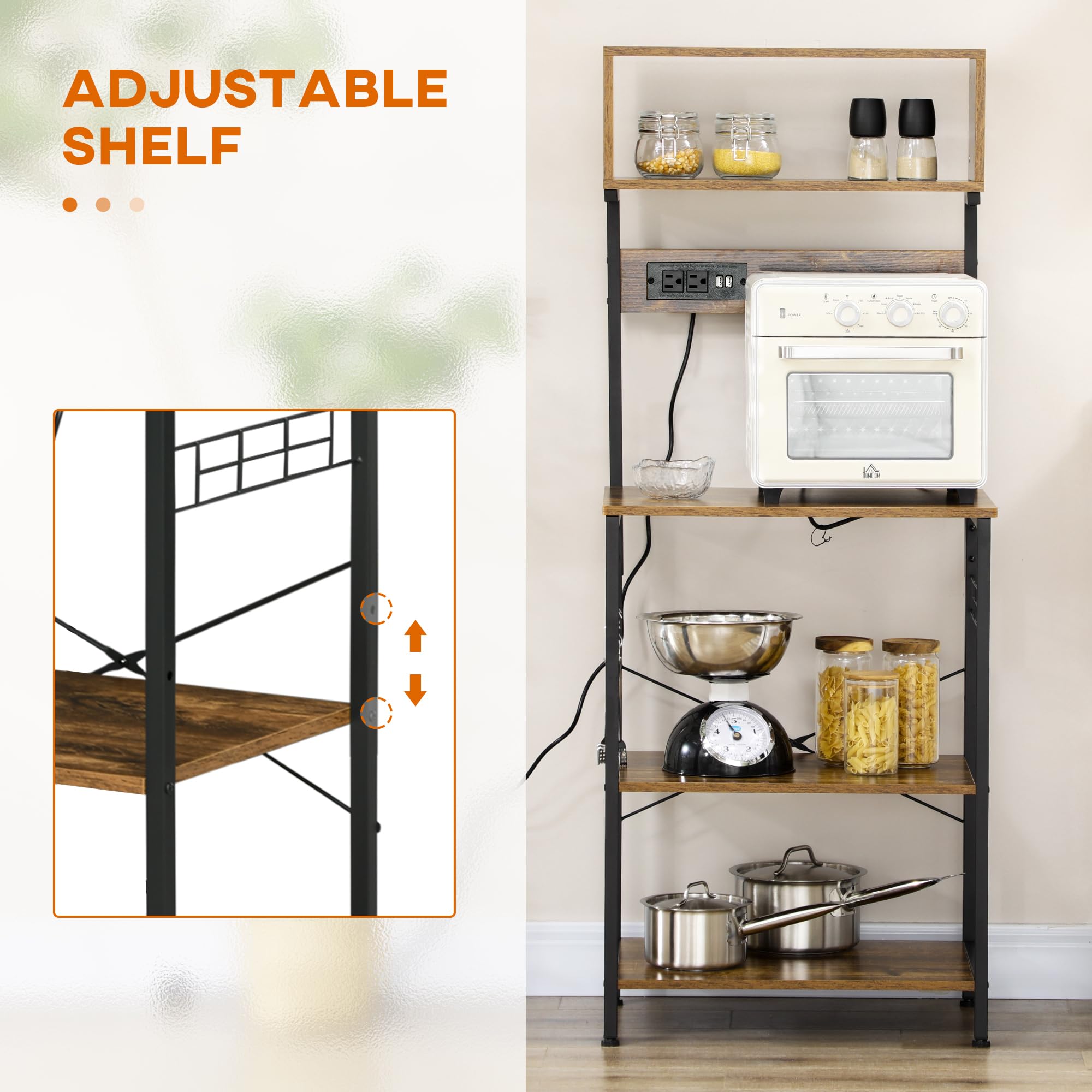 HOMCOM Kitchen Bakers Rack with Power Outlet, USB Charger, Microwave Stand, Coffee Bar with Adjustable Shelves, 5 Hooks for Spices, Pots and Pans, Rustic Brown