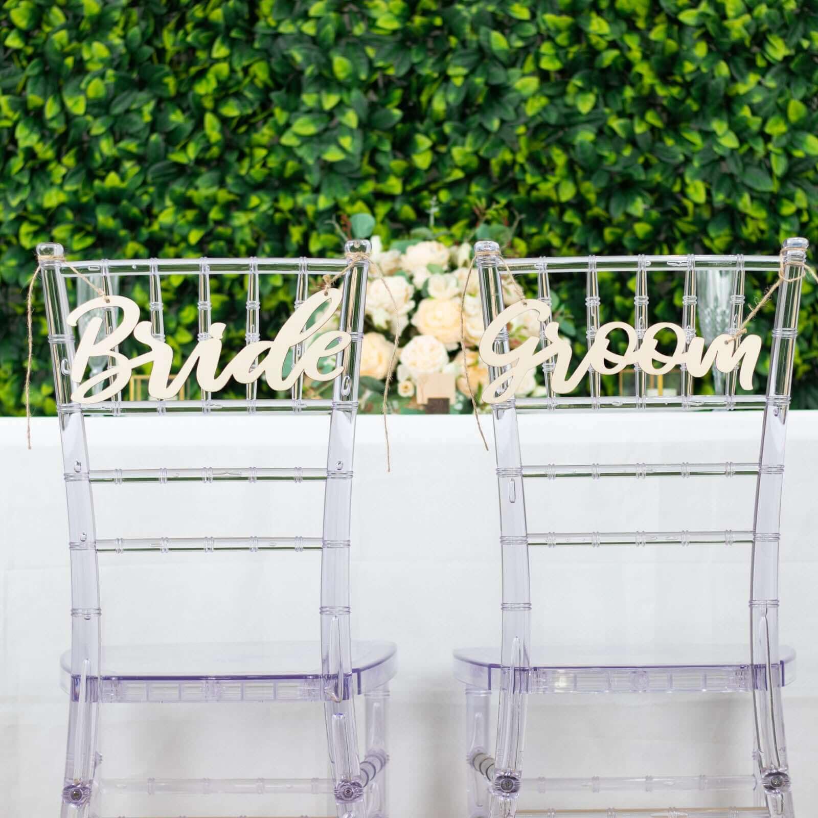 Efavormart Set of 2 | Natural Wood Bride and Groom Chair Signs, Wedding Photo Booth Props, Calligraphy Wall Hanging Decor - 12"X5"