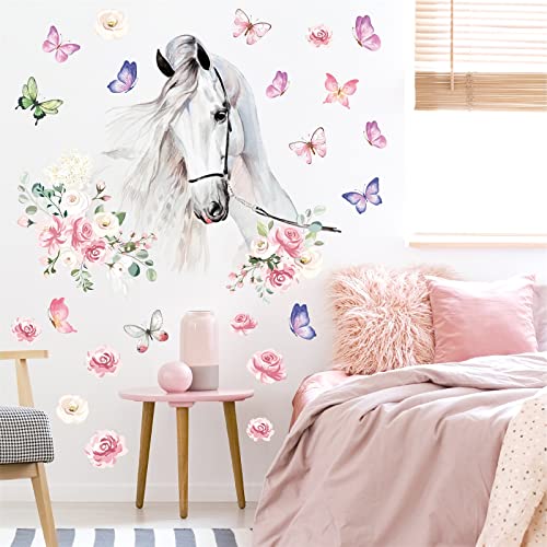 White Horses Wall Decals Farm Animal Decals Peel and Stick Wild Horse Wall Decor Butterfly Flowers Wall Stickers Horses Wall Art Mural for Living Room Kids Bedroom Nursery Farmhouse Office Decor Gift