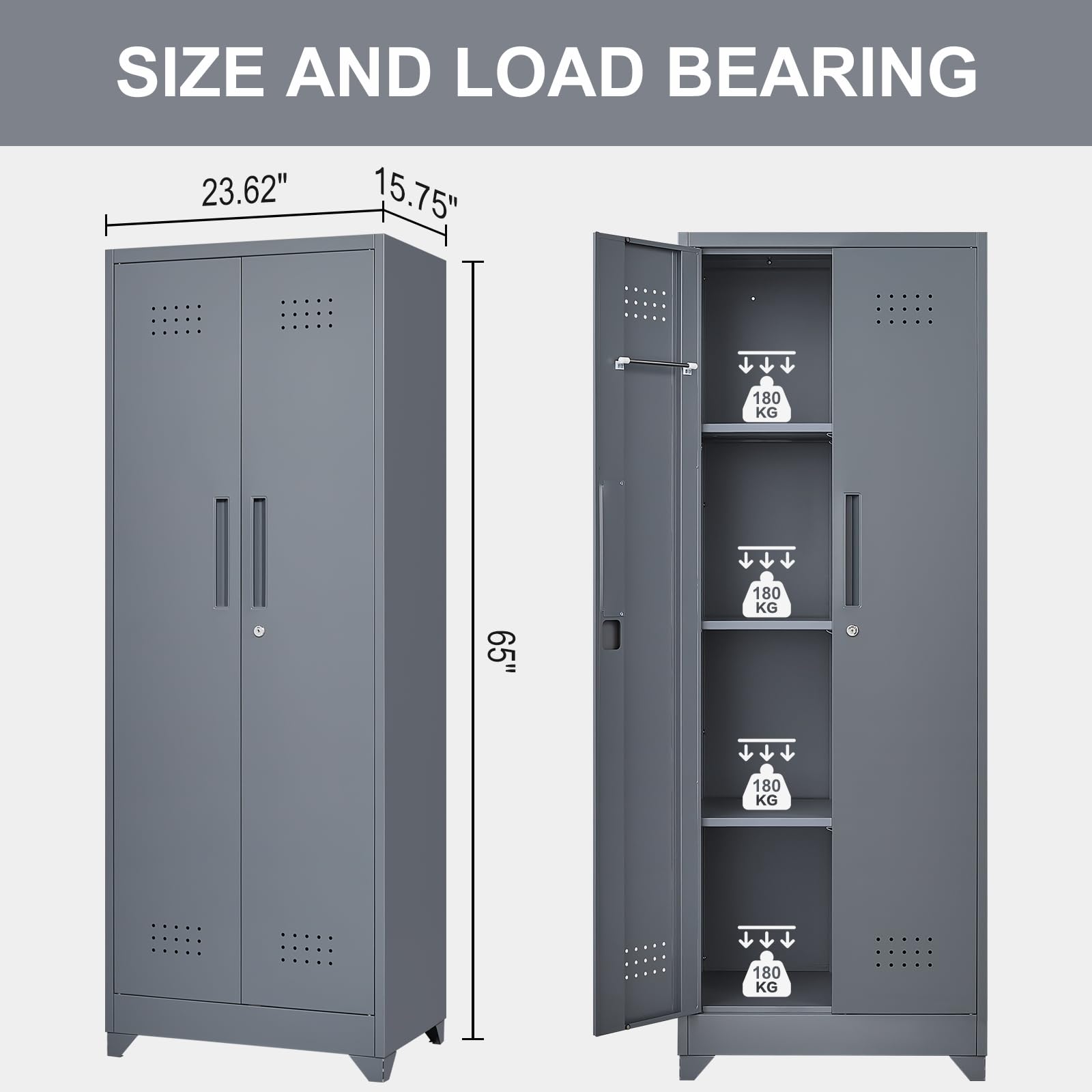 GREATMEET Broom Closet Storage Cabinet with Locking Doors,65" Metal Storage Cabinet with Hanging Rod,Garage Storage Cabinet Grey+White