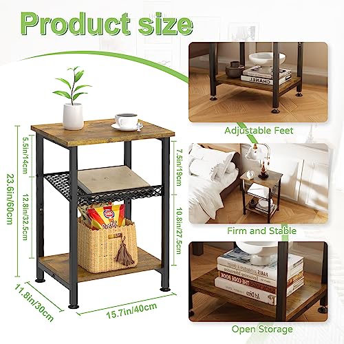 iDavosic.ly 3 Tier Small Side Table, Modern End Table Living Room, Industrial Wood Metal Bedside Table, Nightstand with Adjustable Shelf for Bedroom, Office, Kitchen, Rustic Brown and Black