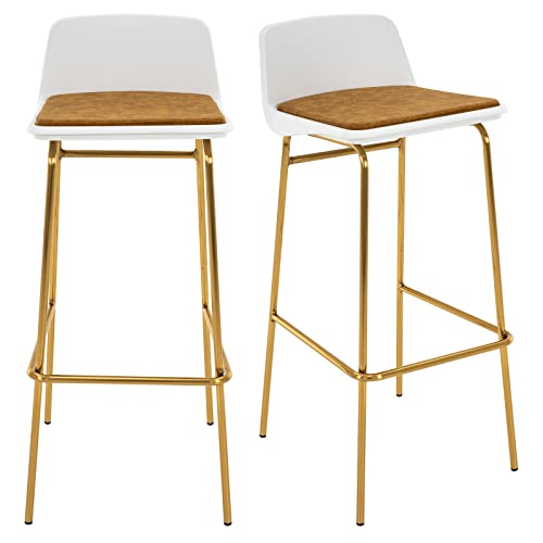 Brage Living Bar Stools 31.5 Inch Set of 2, PP Seat Retro PU Leather Cushion Barstools with Low Back, Armless Bar Height Chairs for Kitchen Dining Cafe with Gold Legs, Yellow and White
