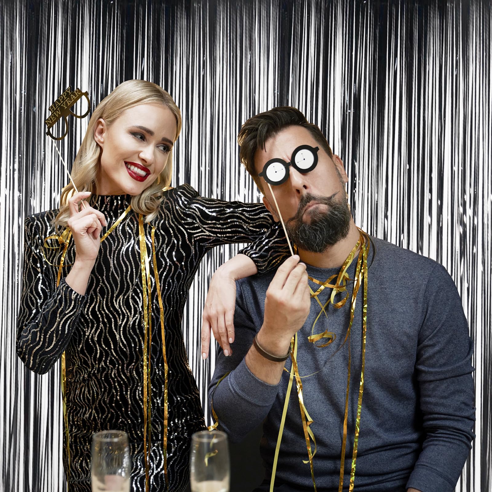Black Tinsel Foil Fringe Curtain Backdrop,Melsan 3.2 x 8 ft Tinsel Curtains Party Backdrop for New Year Eve, Grad, Entirement,Holloween, Birthday Party Decoration for Men - 3 Packs