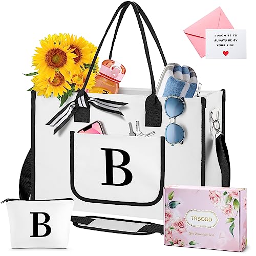 Friend Birthday Gifts for Women w Makeup Bag, Ini-tial Can-vas Tote Bag for Women, Personalized Couple Bride Valentines Gifts w Inner Pocket, Front Pocket, Shoulder Strap, Card, Gift Box, Beach Bag B