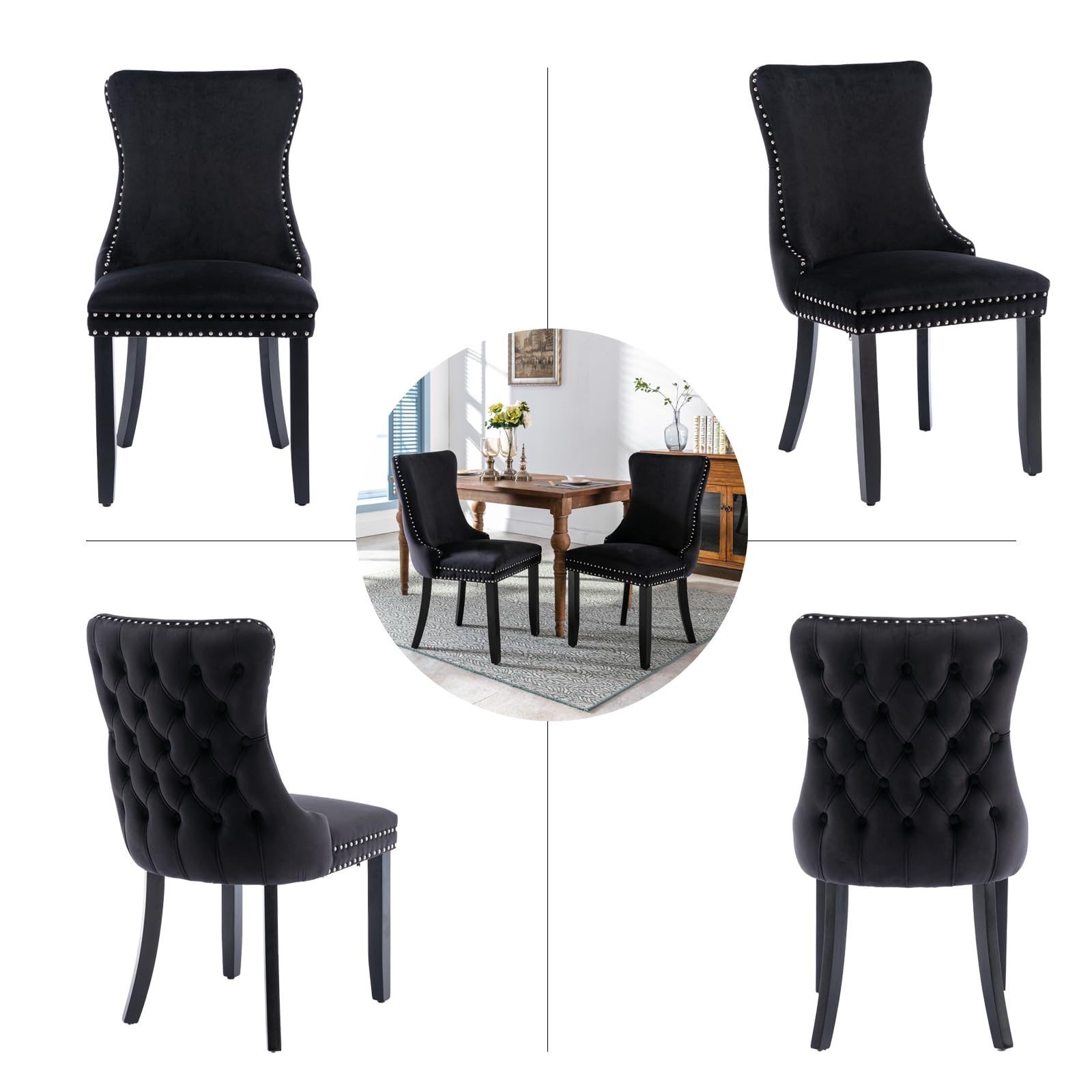 Black Velvet Dining Chairs Set of 4, Tufted Wingback Upholstered Dining Room Chairs with Solid Wood Legs, Mid Century Modern Dining Chair for Dining Room,Living Room,Kitchen(Black)