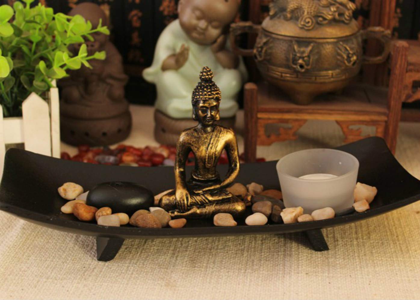 Buddha Statue Zen Garden Buddha Statue Tabletop Buddhism Feng Shui Ornament with Bronze Tealight Candle & Incense Burner Holder for Home Office Yoga Room Decoration