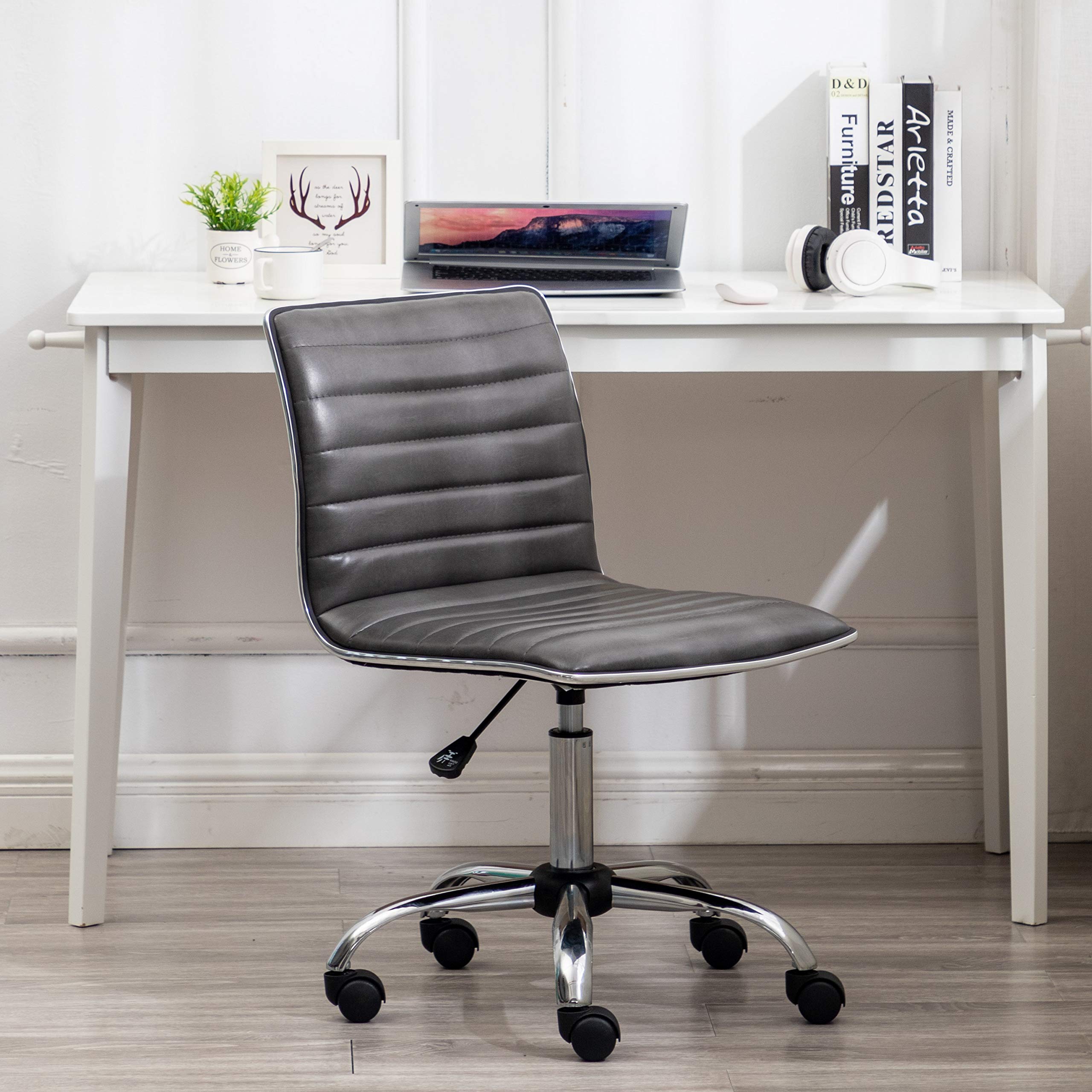 BTEXPERT Home Gray Swivel Mid Back Armless Ribbed Designer Task Faux Leather Soft Upholstery Office Chair