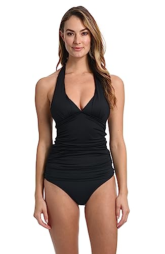 La Blanca Women's Standard Island Goddess Halter Tankini Swimsuit Top, Black, 14